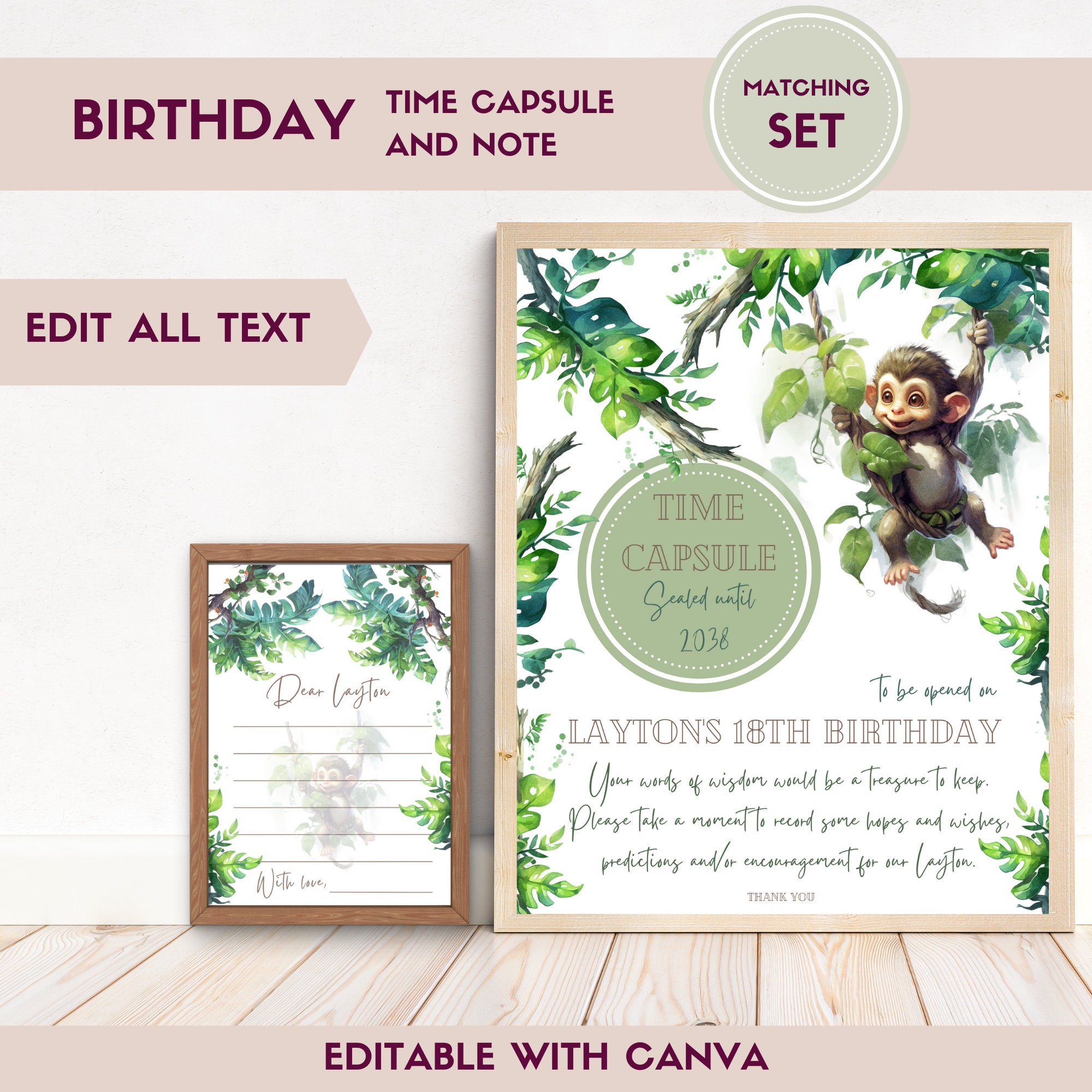 Jungle Monkey Time Capsule Sign & Matching Note Set, INSTANT DOWNLOAD ...