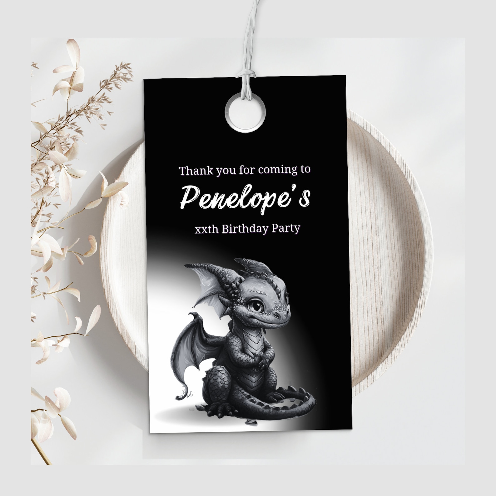 Dragon Thank You Tag, Dragon Birthday, Black, White, Gift Tag, Party ...