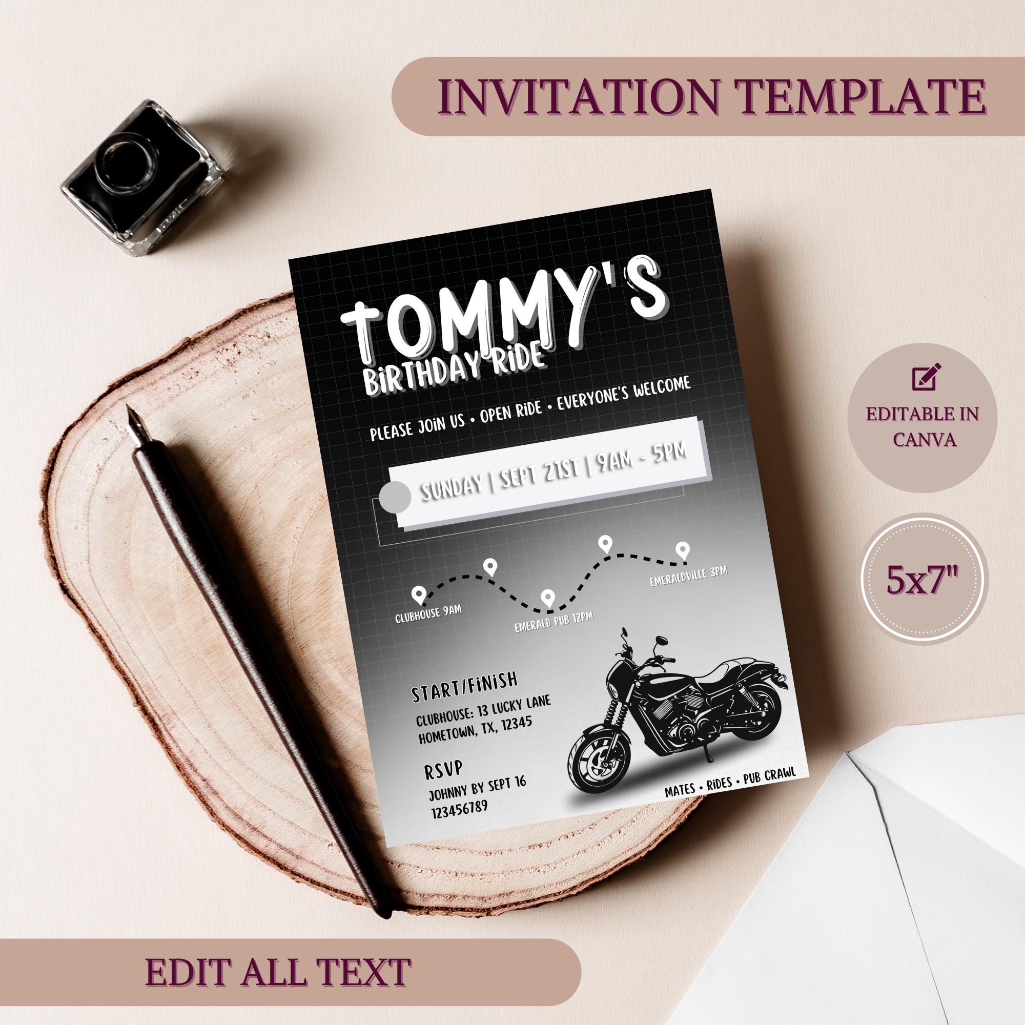 Motorcycle Club Birthday Invitation Template, Born to Ride Men's Invite ...