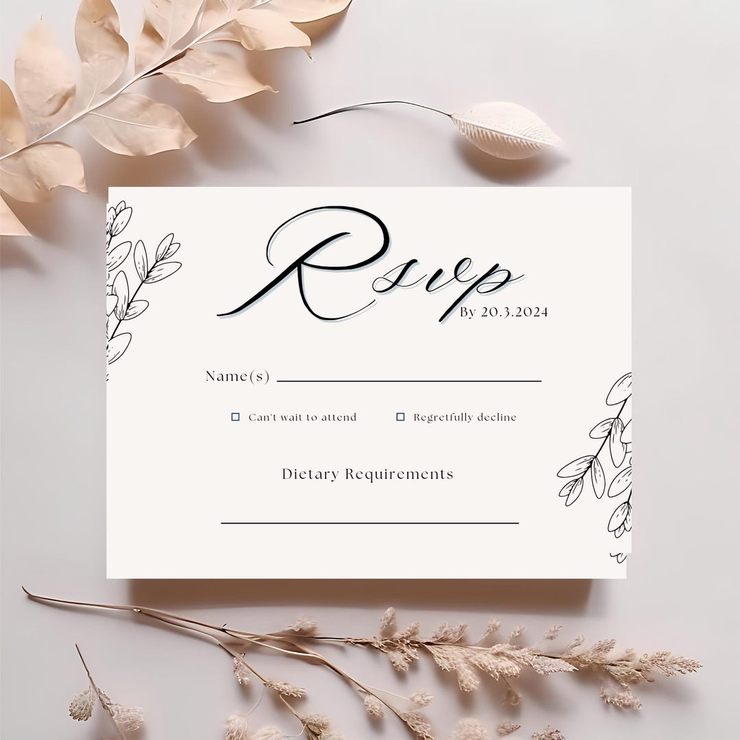 Botanical Wedding Rsvp Card Template, Script Font, Minimalist Wedding ...