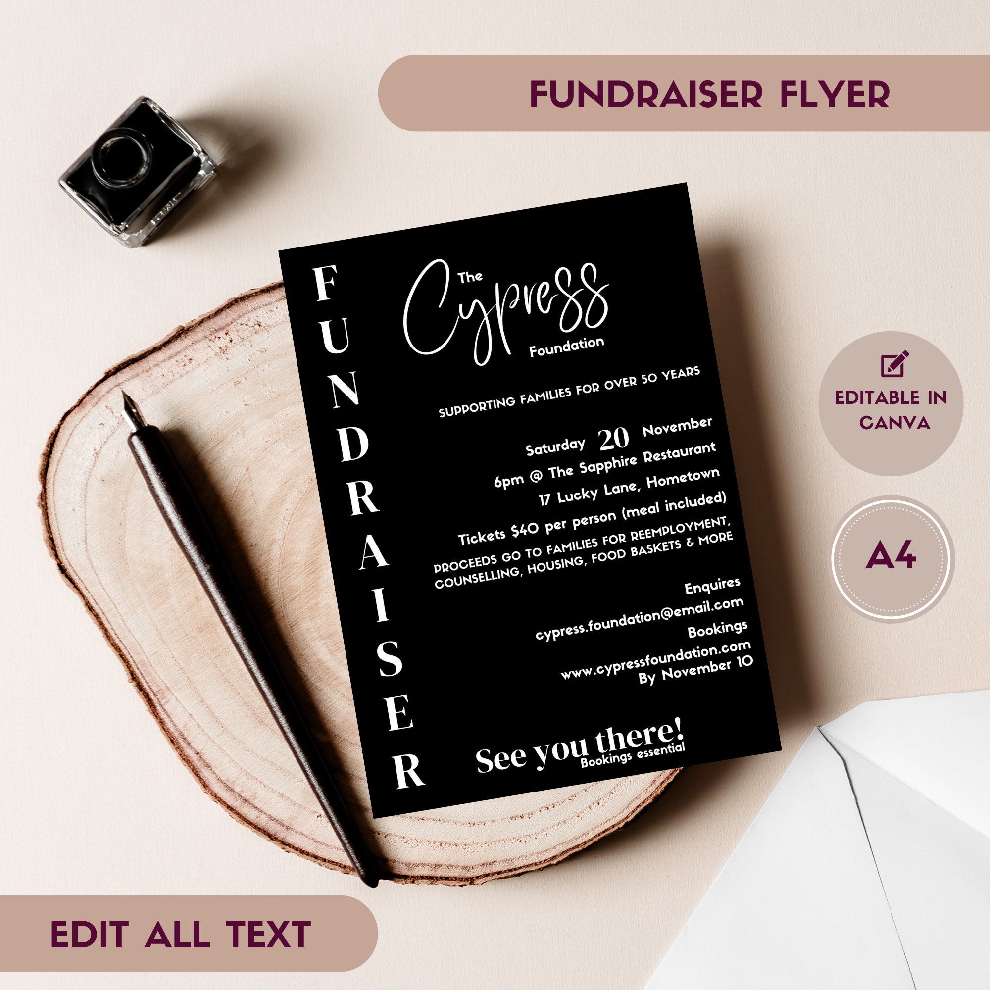 Black and White Fundraiser Flyer, Modern, Minimalist Typography Sign ...