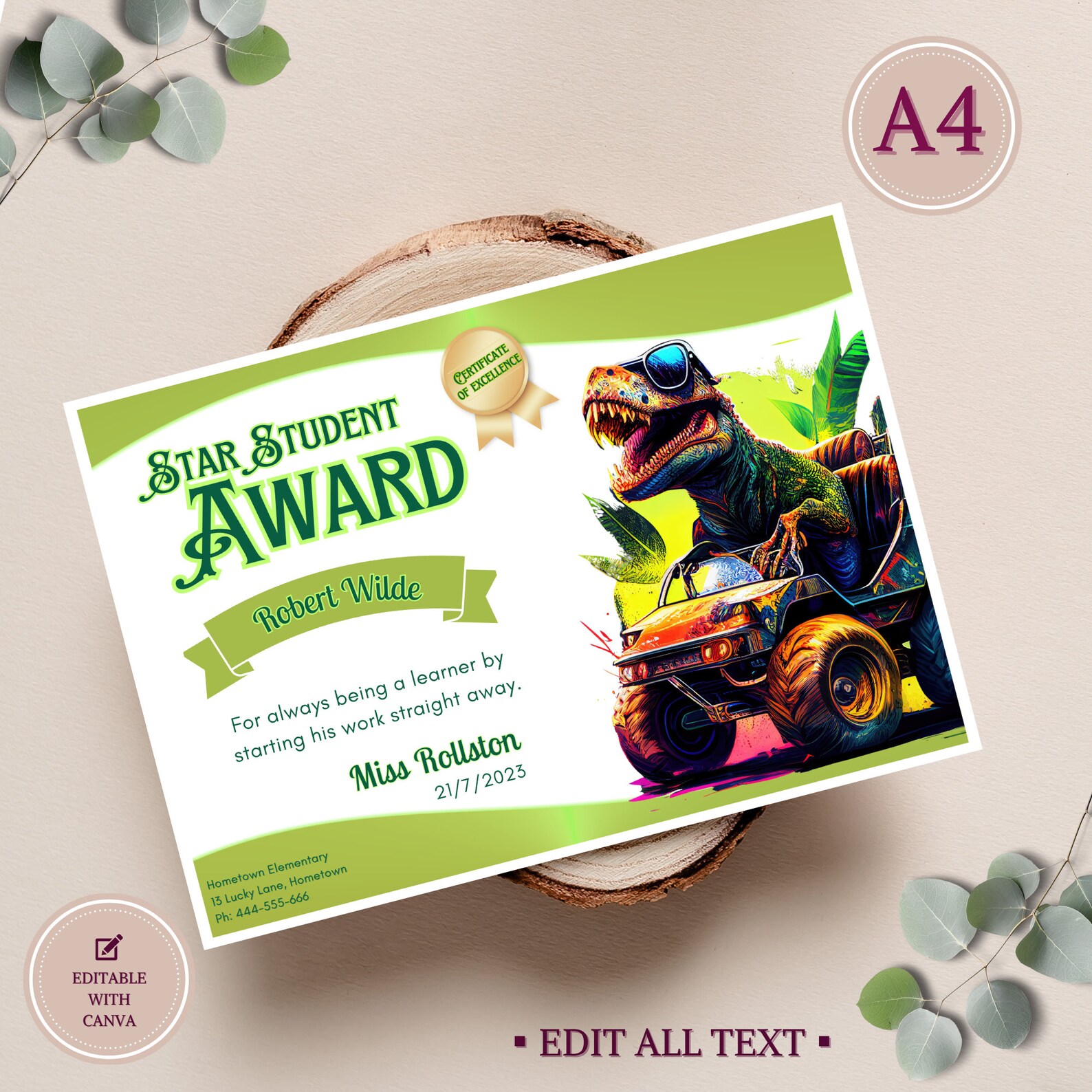 Dinosaur School Certificate Template, Green Student Award, Dino Car ...