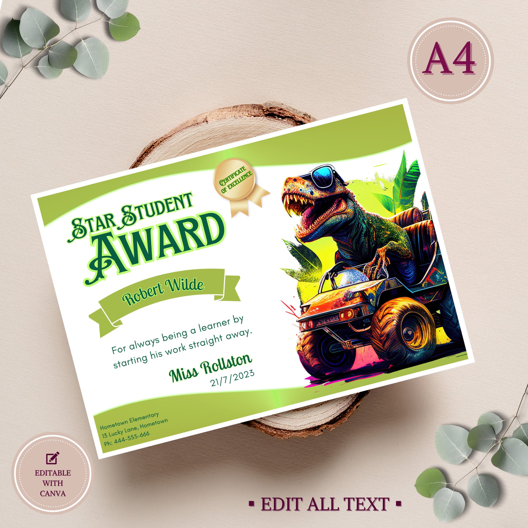 Dinosaur School Certificate Template, Green Student Award, Dino Car ...