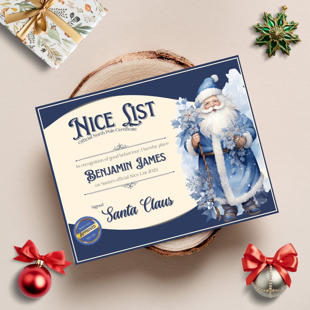 Blue Christmas Nice List Certificate DOWNLOAD, Official Santa ...