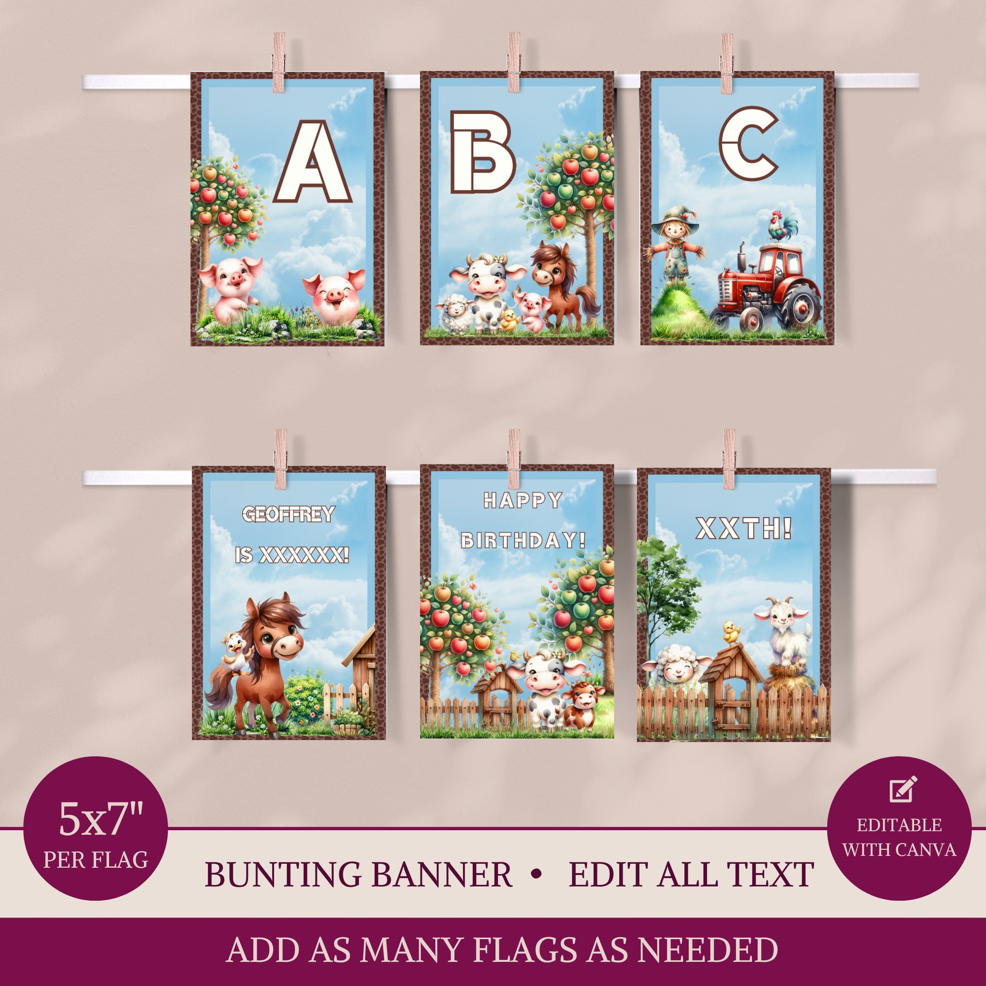 Farm Bunting Banner, Barnyard Animals, Garland, Birthday Banner, Farm ...