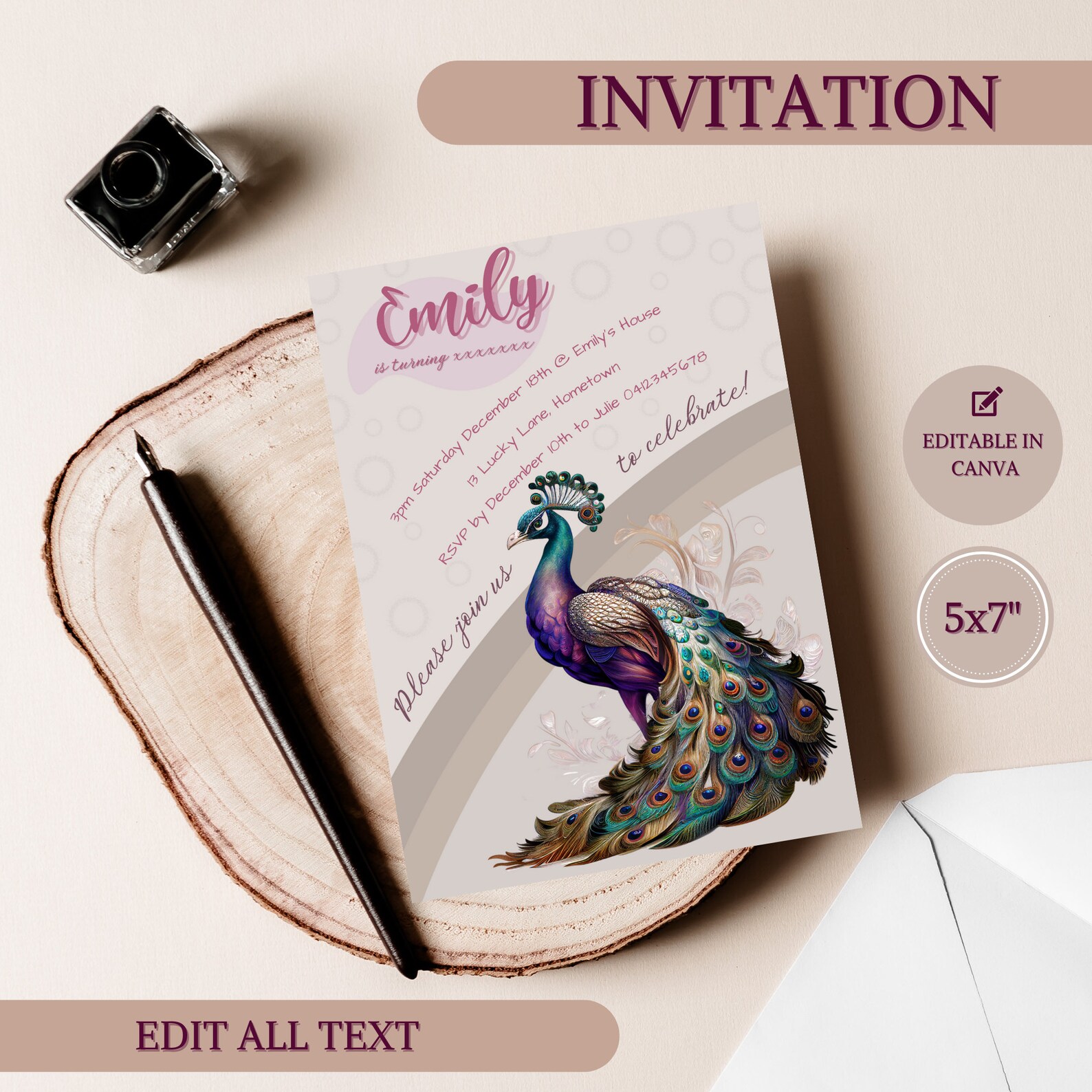 Editable Peacock Birthday Invitation, Any Age for Her, Green & Purple ...