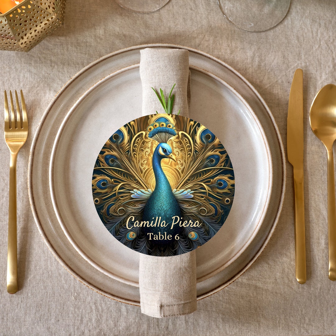 Round Place Card, Peacock Name Card, Peacock Table Setting, Circular ...