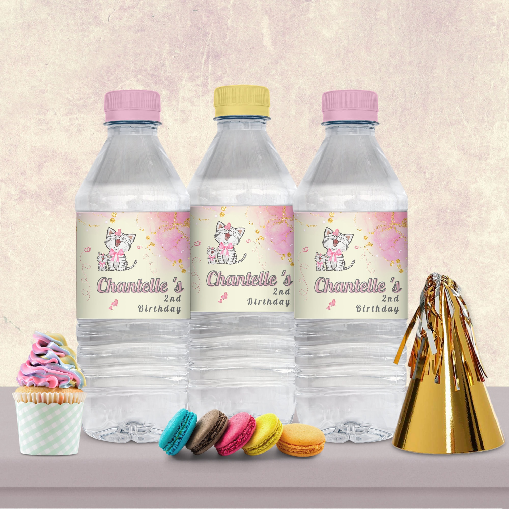 Kitten & Cat Water Bottle Label, INSTANT DOWNLOAD Pink and Gold ...