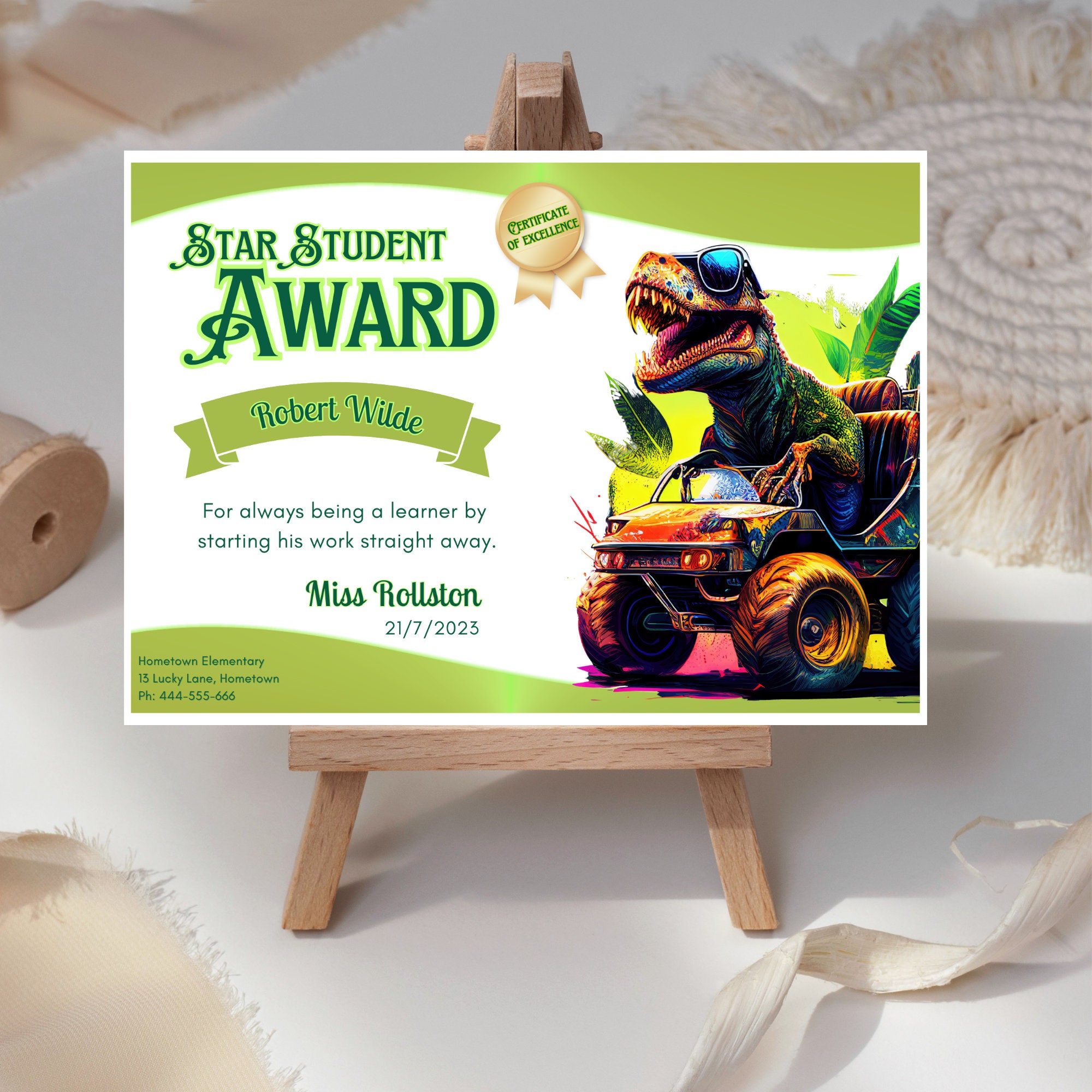 Dinosaur School Certificate Template, Green Student Award, Dino Car ...
