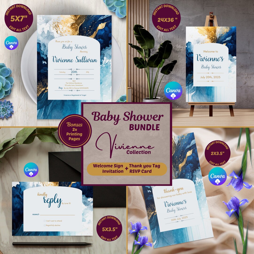 Navy Blue and Gold Baby Shower Bundle INSTANT DOWNLOAD Invitation Rsvp ...
