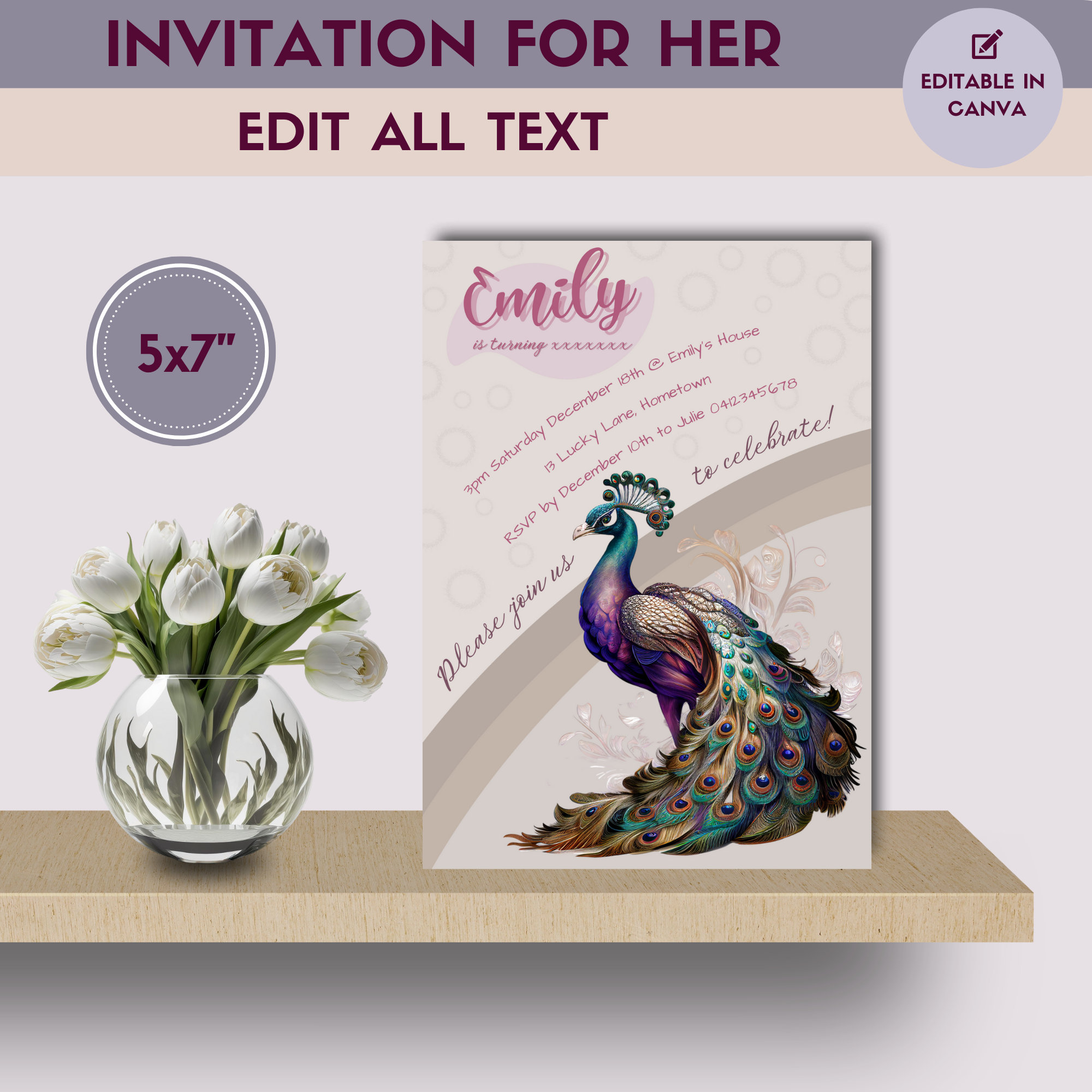 Editable Peacock Birthday Invitation Any Age for Her Green & - Etsy
