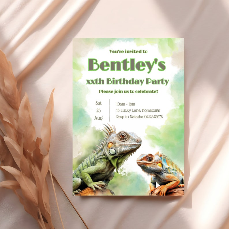 Lizard Birthday Invitation, Green Iguana Invite, Boys Reptile Invite ...