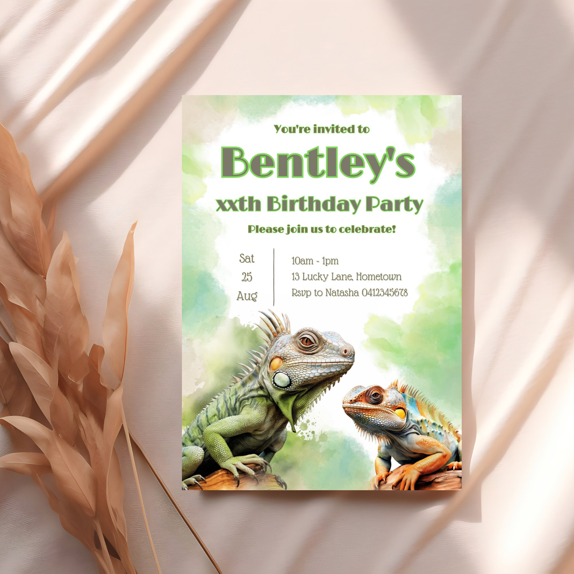 Lizard Birthday Invitation, Green Iguana Invite, Boys Reptile Invite ...