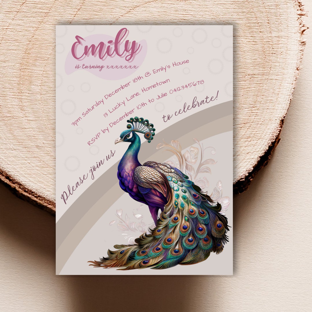 Editable Peacock Birthday Invitation Any Age for Her Green & - Etsy