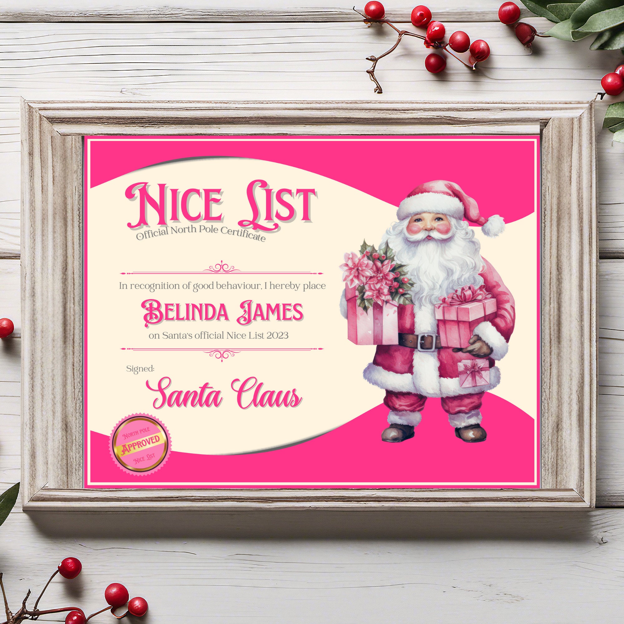 Pink Christmas Nice List Certificate, Official Santa Mail, Chritmas Eve ...