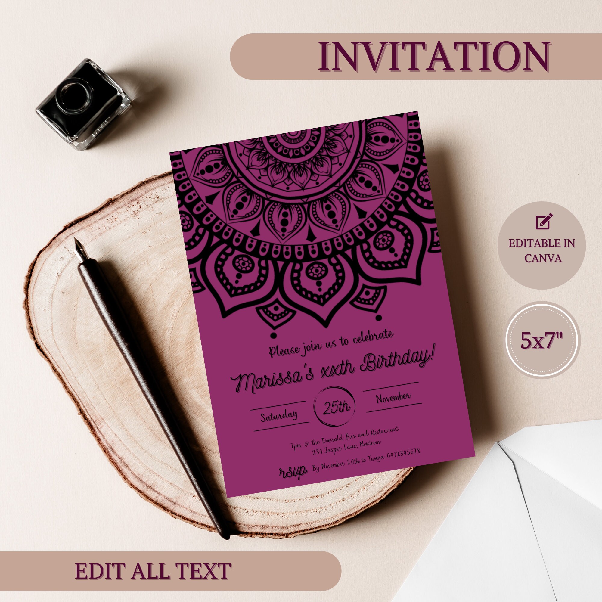 Purple Women's Birthday Invitation Template, Black Henna Invitation ...
