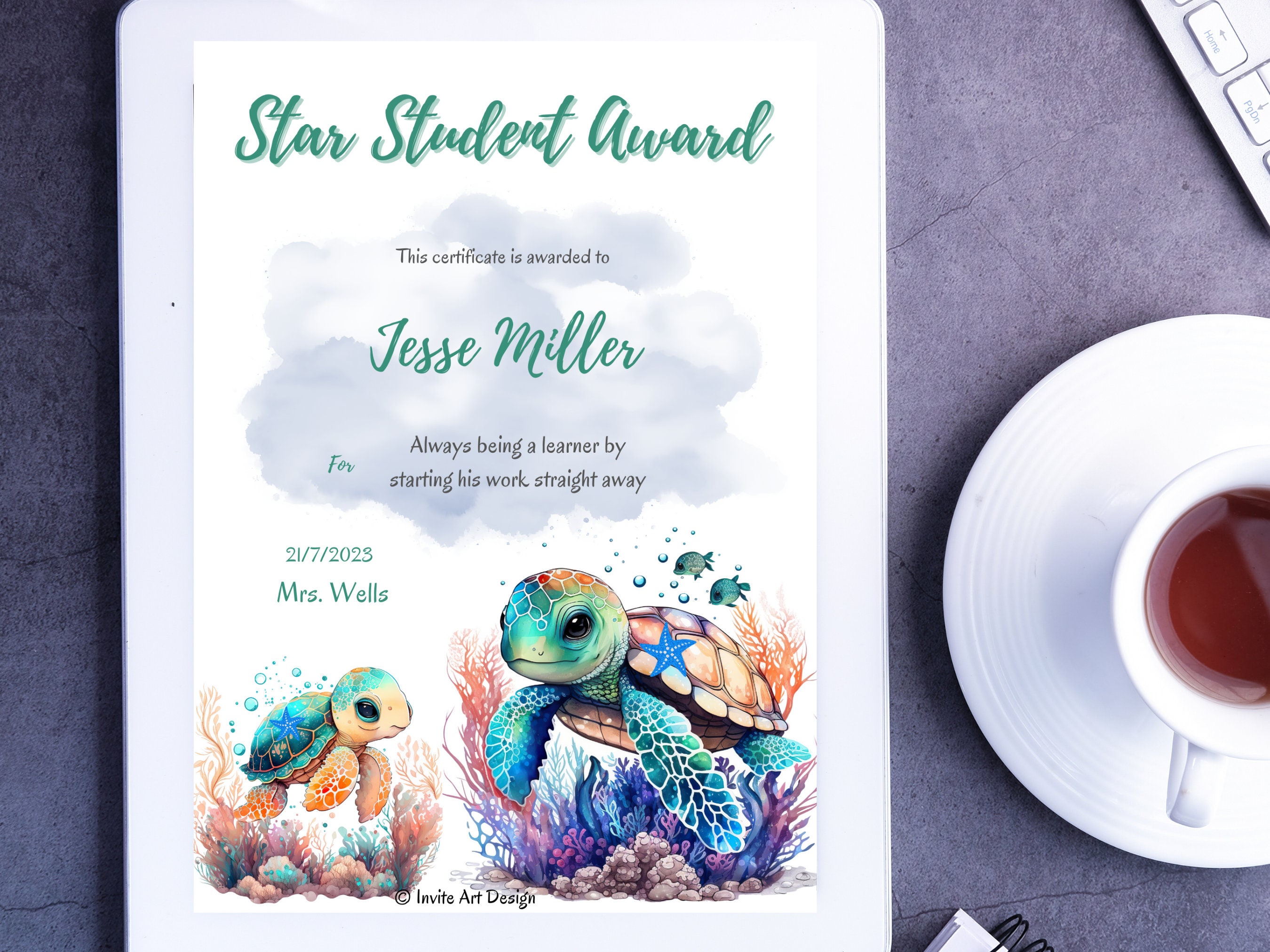 Student Child Award Certificate Turtle Under the Sea INSTANT - Etsy