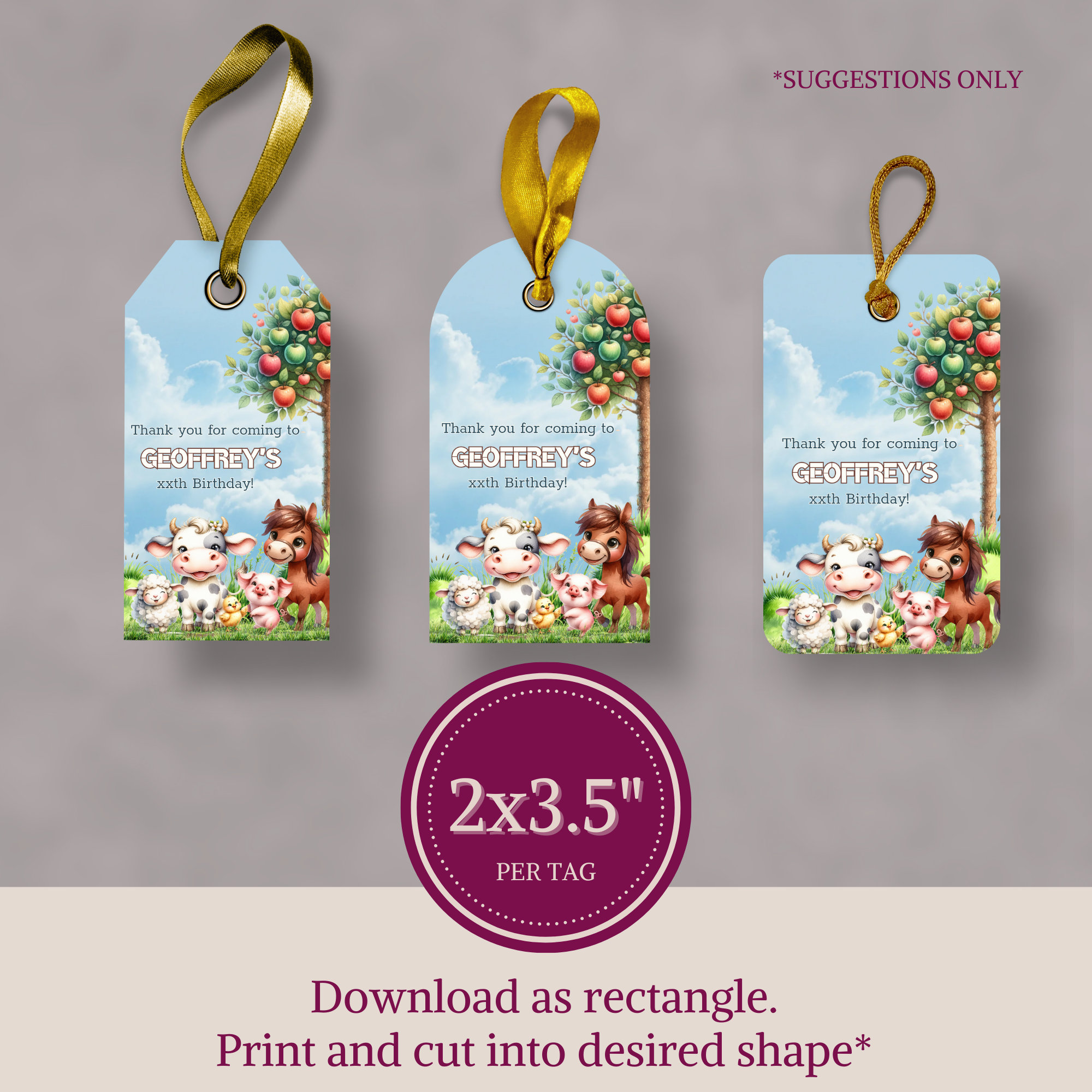 Farm Thank You Tag, Barnyard Gift Tag, Animal Party Favor, Printable ...