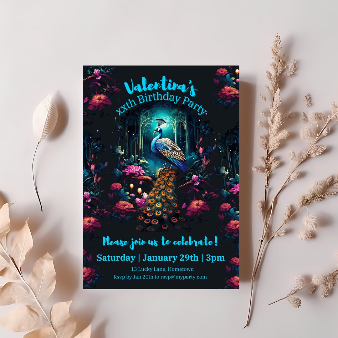 Peacock Birthday Invitation, Womens Peacock Party Invite, Peacock Party ...