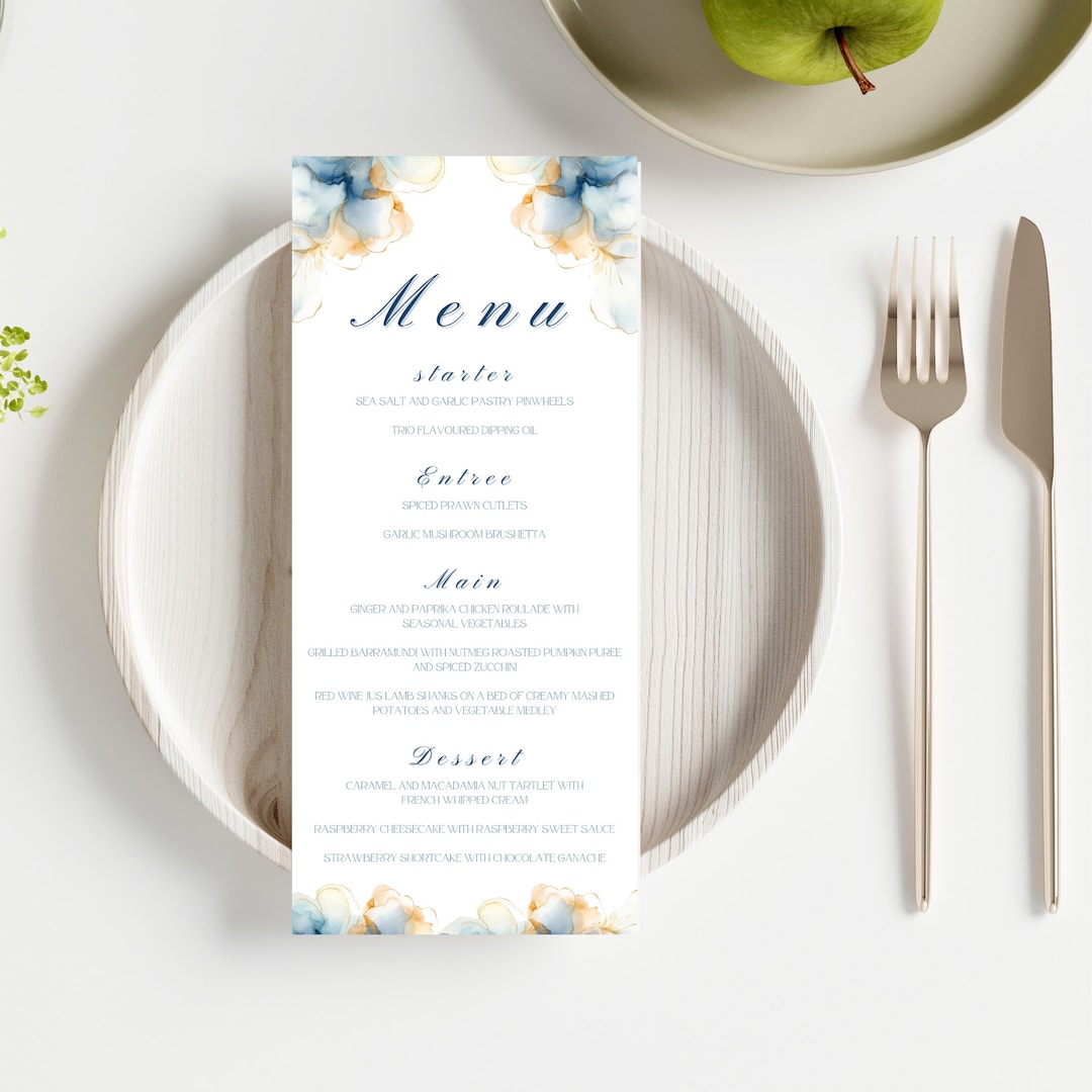 Menu Template, Floral, Navy & Gold, Wedding Table Decor, Buffet Menu ...