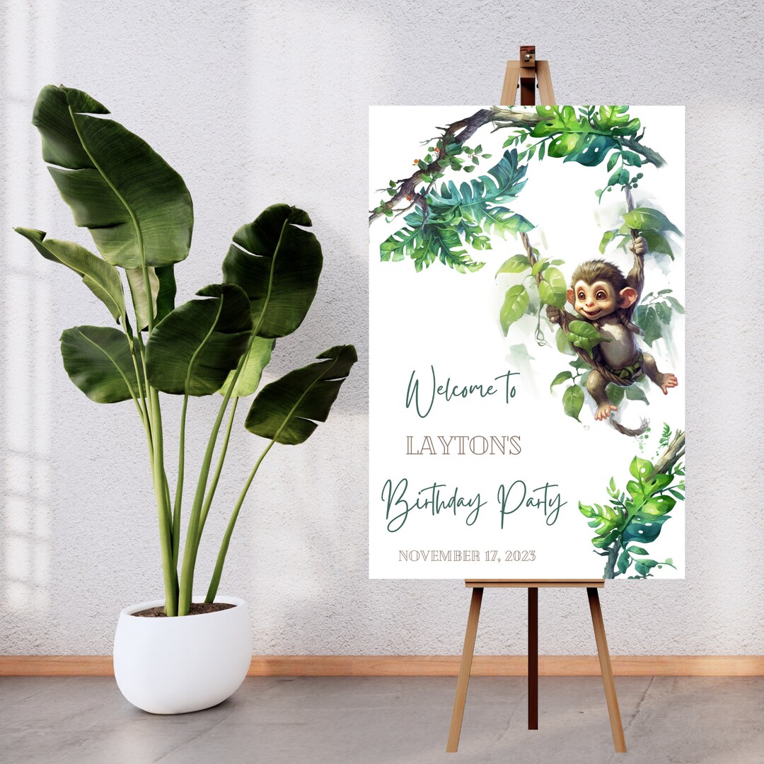 Monkey Welcome Sign for Birthday Party, Gender Neutral Jungle Theme ...