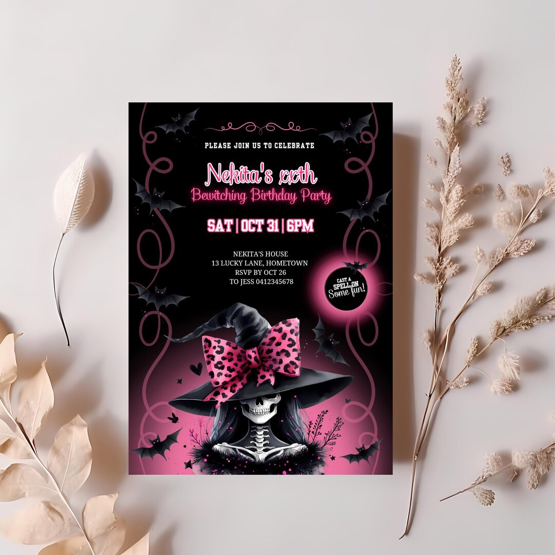 Pink Witch Birthday Invitation Template, Gothic Black & Pink Halloween ...