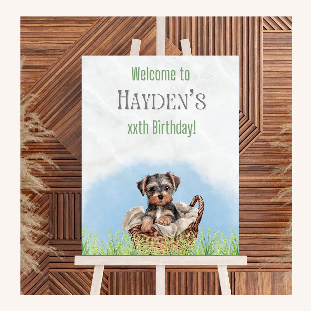 Birthday Welcome Sign, Yorkshire Terrier Welcome Poster, Puppy Party ...