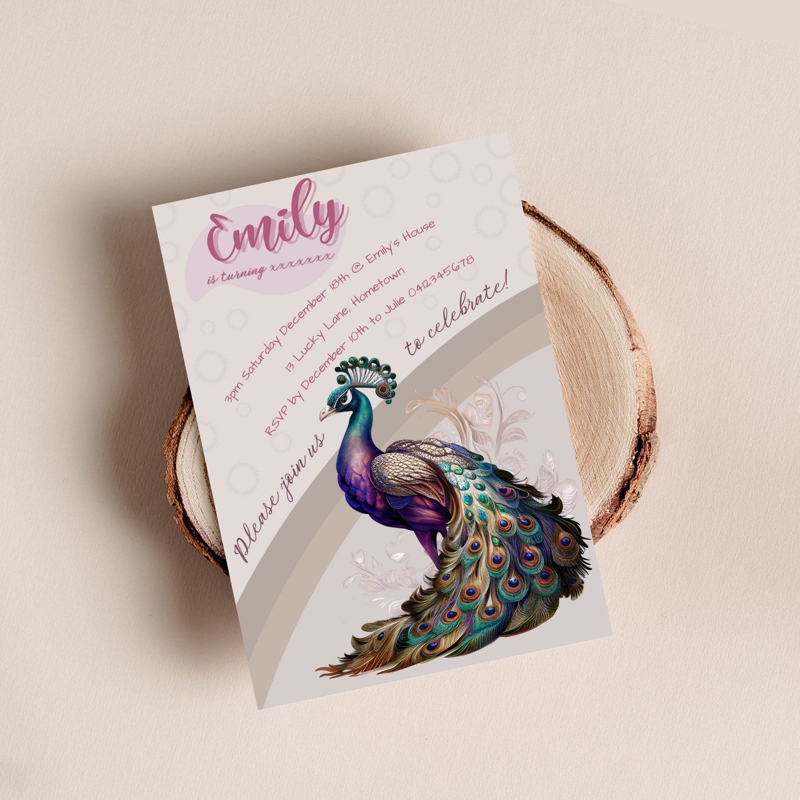 Editable Peacock Birthday Invitation, Any Age for Her, Green & Purple ...