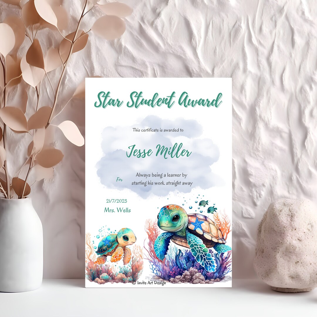 Student Child Award Certificate Turtle Under the Sea INSTANT DOWNLOAD ...