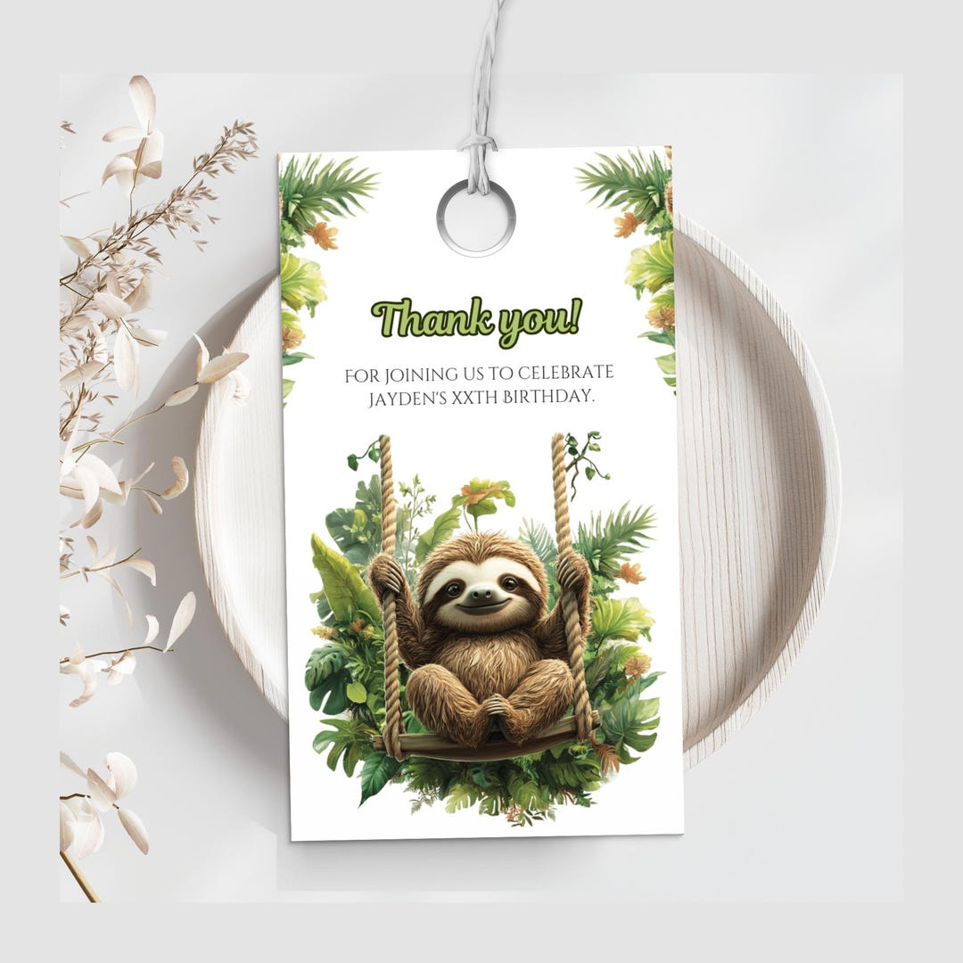 Cute Sloth Thank You Tag Template, Sloth Birthday Party Favor Tag ...