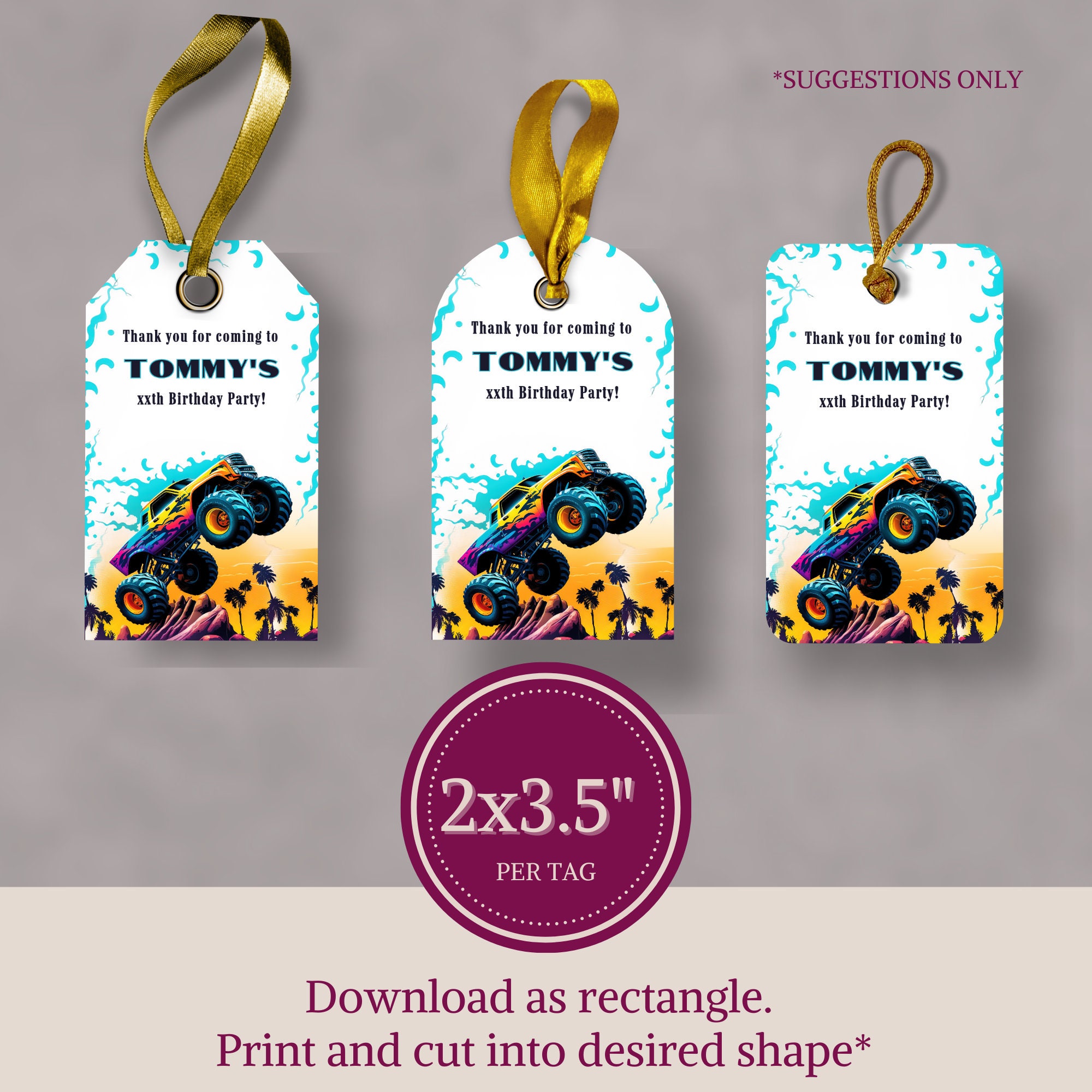 Monster Truck Thank You Tag, Monster Truck Birthday Party Favor, Truck ...