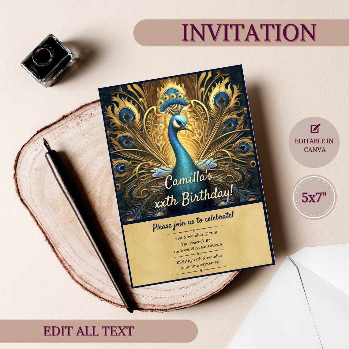 Peacock Birthday Invitation, Womens Peacock Party Invite, Peacock ...