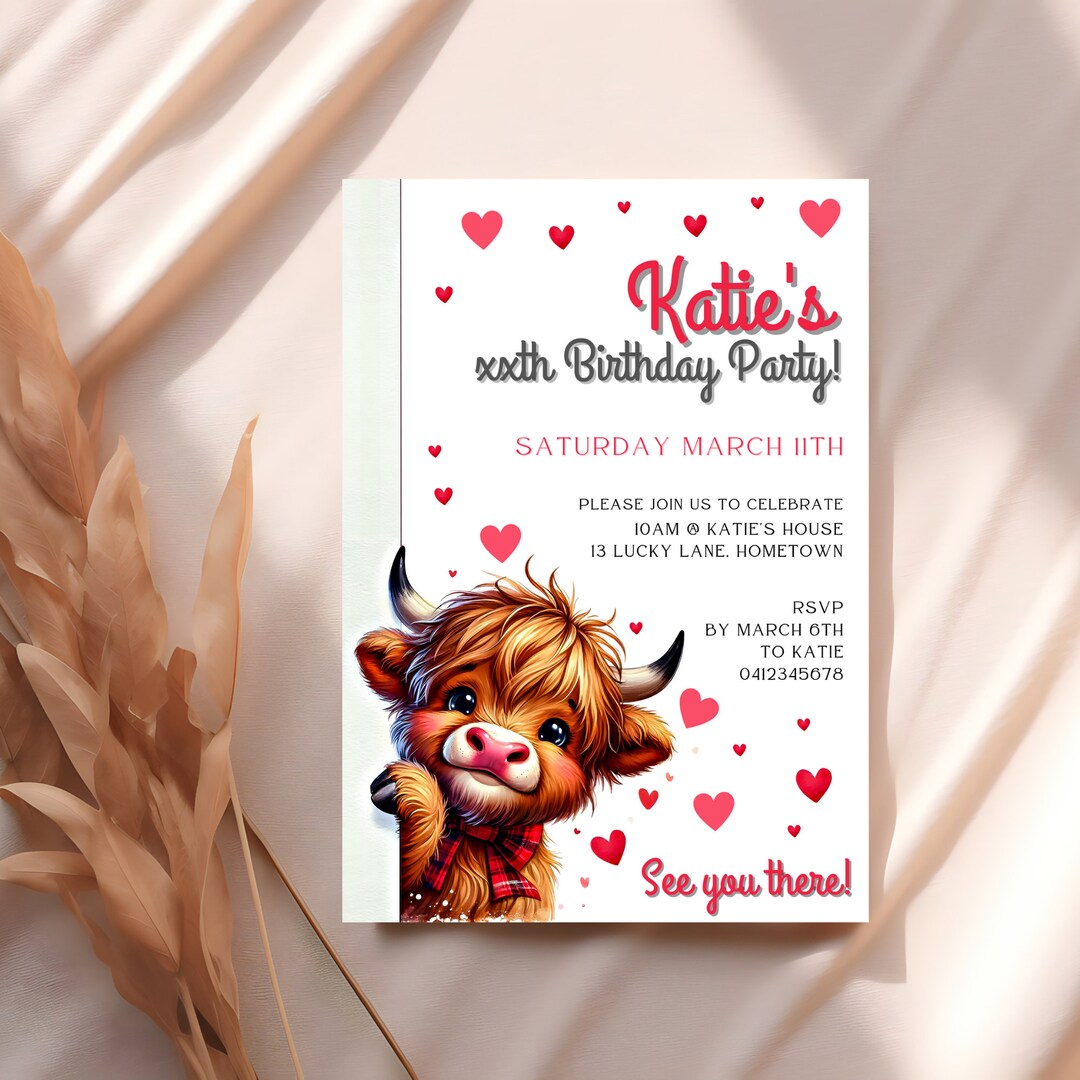 Highland Cow Birthday Invite, Girls Red and Black Scottish Invite ...