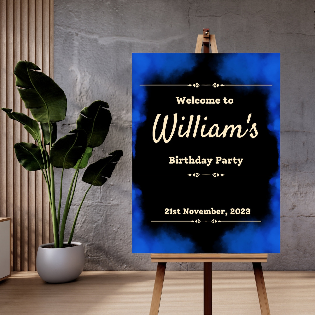Male Birthday Welcome Sign, Men's Custom Party Sign, Boys Blue & Black ...