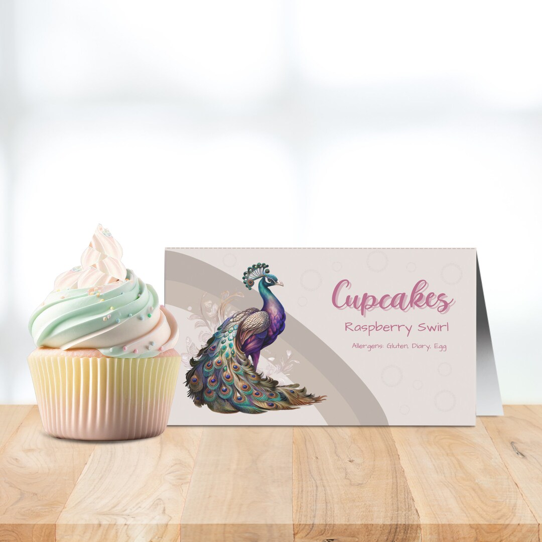 Peacock Food Label, Neutral, Purple Blue Feathers, Birthday Party Menu ...