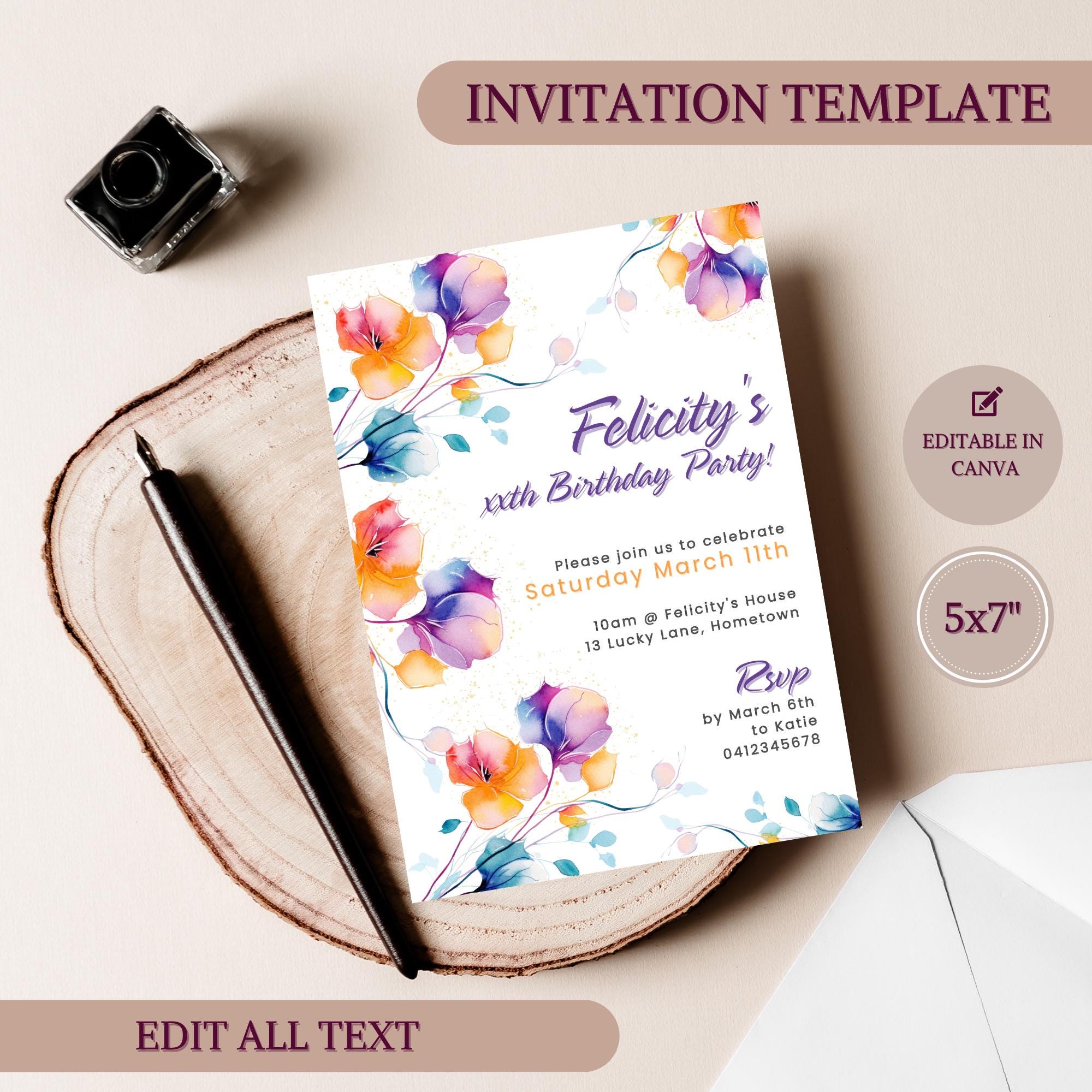 Spring Floral Birthday Invitation Template, Editable Women's Birthday ...