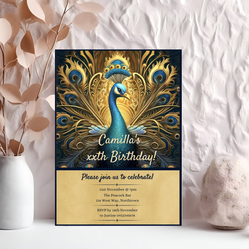 Peacock Birthday Invitation, Womens Peacock Party Invite, Peacock ...