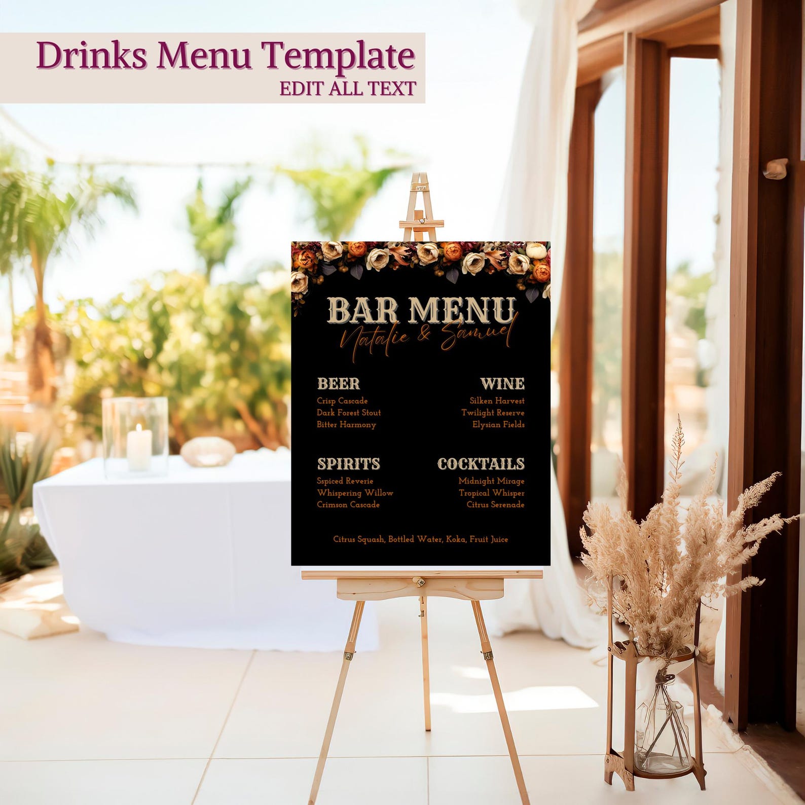 Bar Menu Template, Dark Moody Floral Wedding Bar Menu, Black Floral Bar ...
