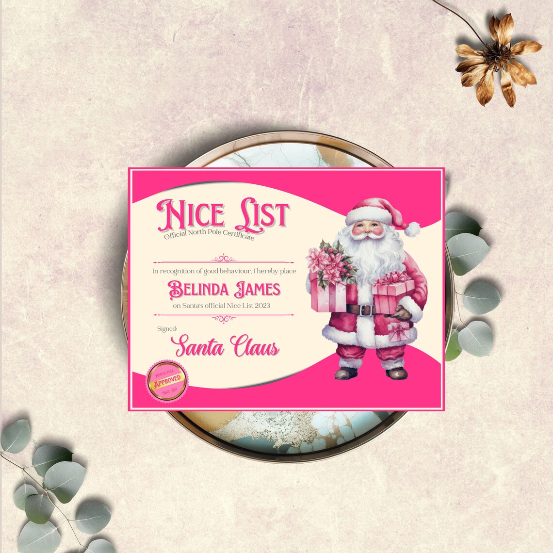 Pink Christmas Nice List Certificate, Official Santa Mail, Chritmas Eve ...