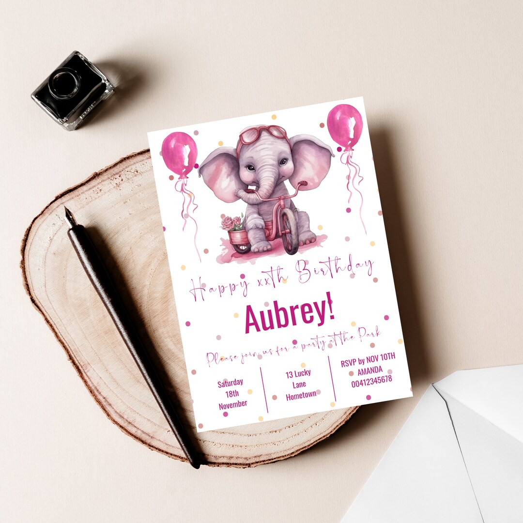Girls Pink Elephant Birthday Invitation Template for Any Age, INSTANT ...