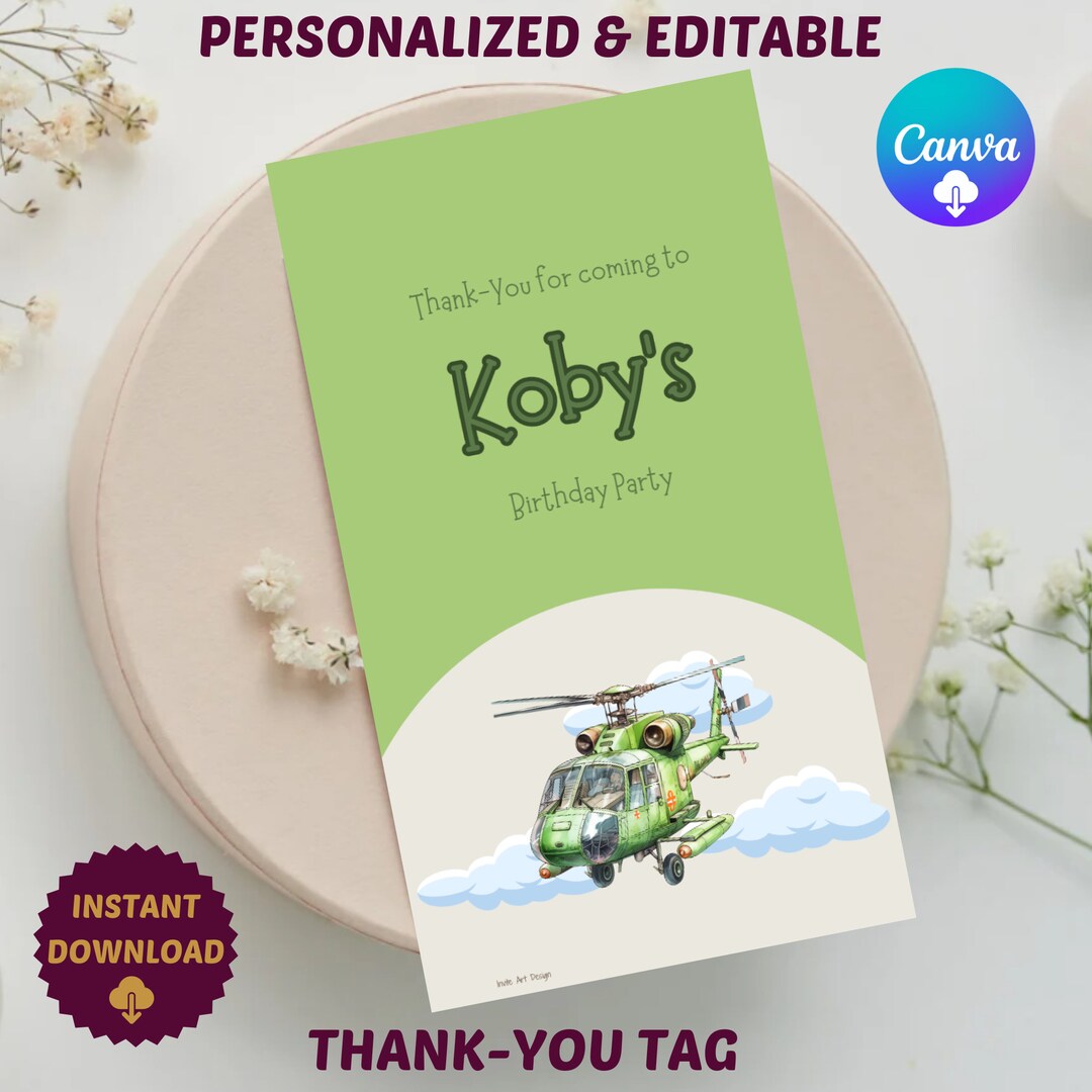 Military Helicopter Thank You Tag Party Favor INSTANT DOWNLOAD Editable ...