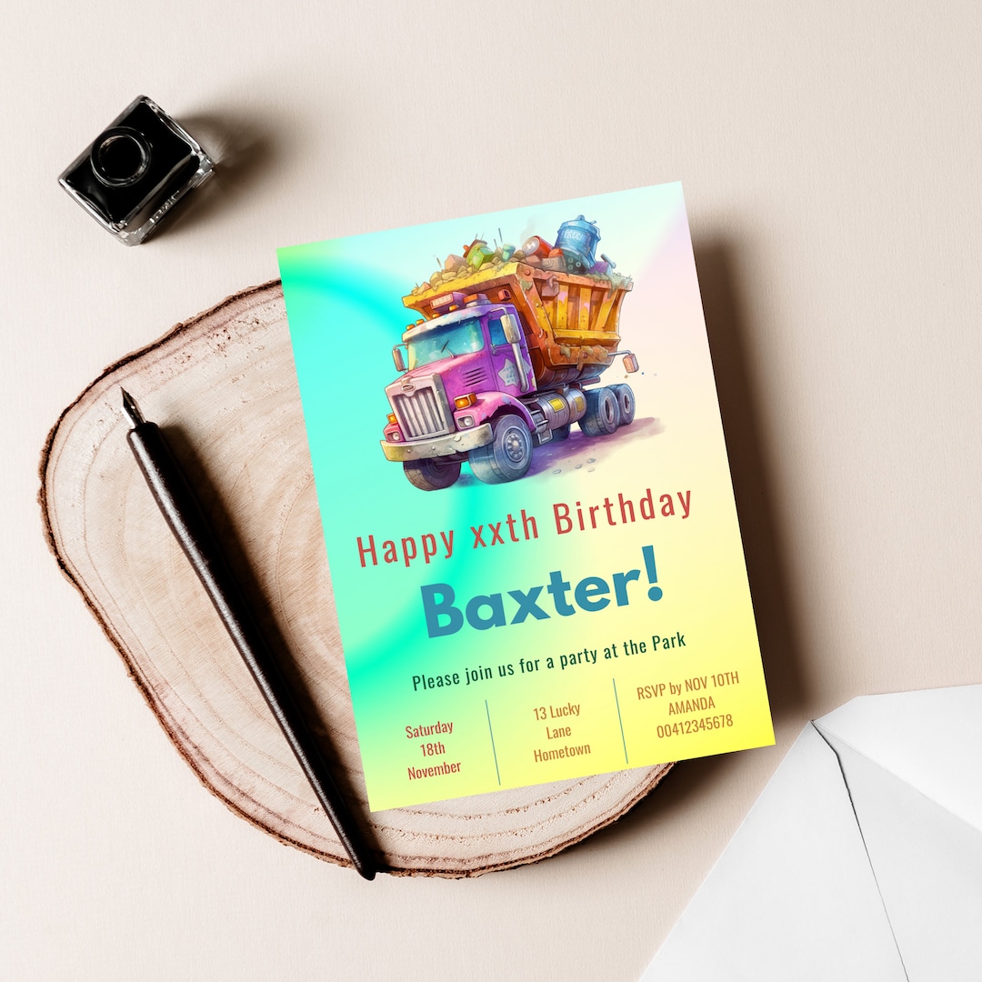Boy's Garbage Dump Truck Birthday Party Invitation, INSTANT DOWNLOAD, Vehicle & Rainbow Theme ...