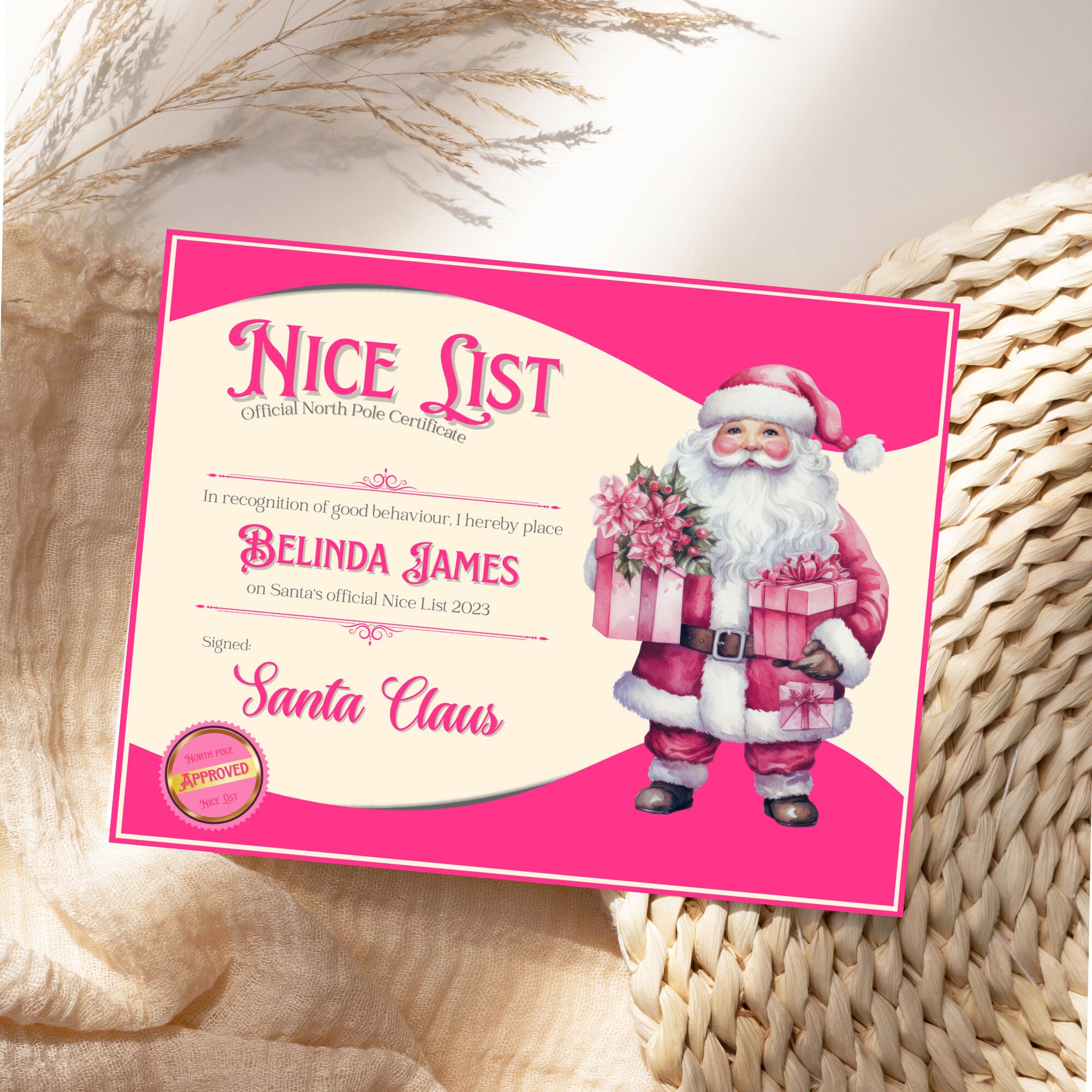 Pink Christmas Nice List Certificate, Official Santa Mail, Chritmas Eve ...
