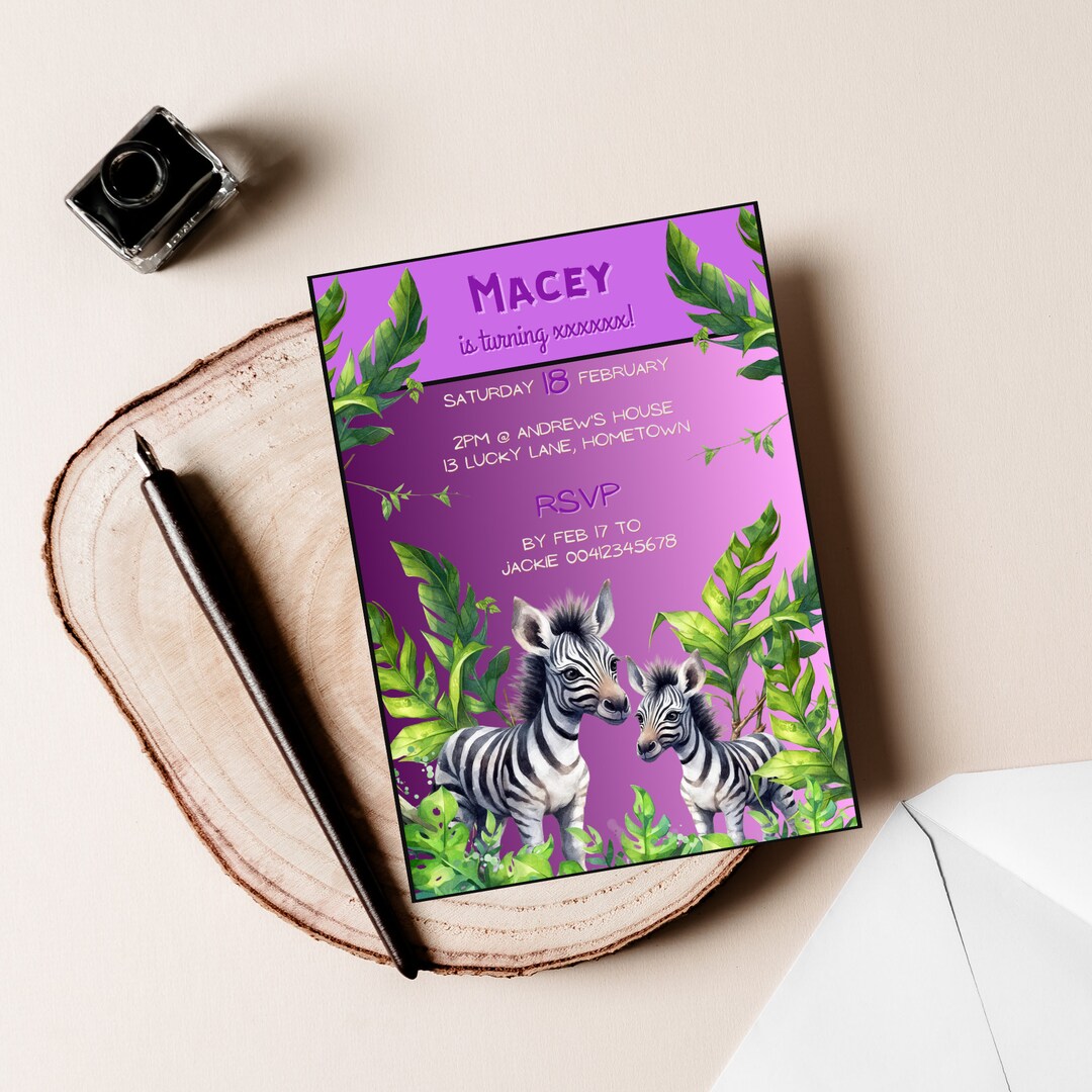 Zebra Birthday Invitation Template, Gradient Purple Safari Animal Party ...