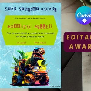 Student Child Award Certificate Cool Dinosaur in Car INSTANT DOWNLOAD ...