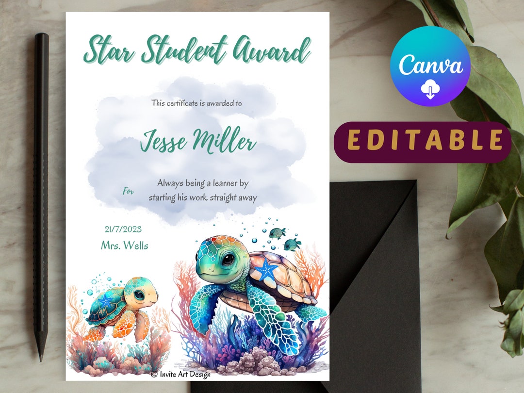 Student Child Award Certificate Turtle Under the Sea INSTANT - Etsy