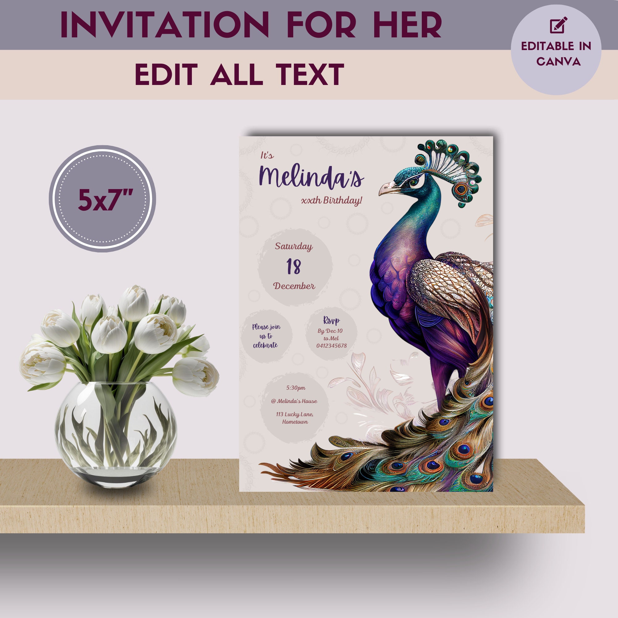 Editable Peacock Birthday Invitation, Any Age for Her, Green & Purple ...