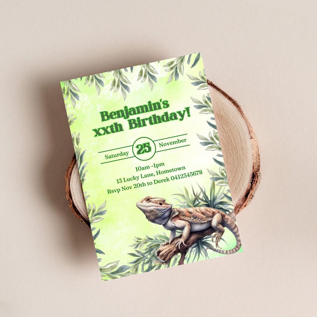 Boys Birthday Invitation, Lizard & Insects, Bearded Dragon, Reptile ...