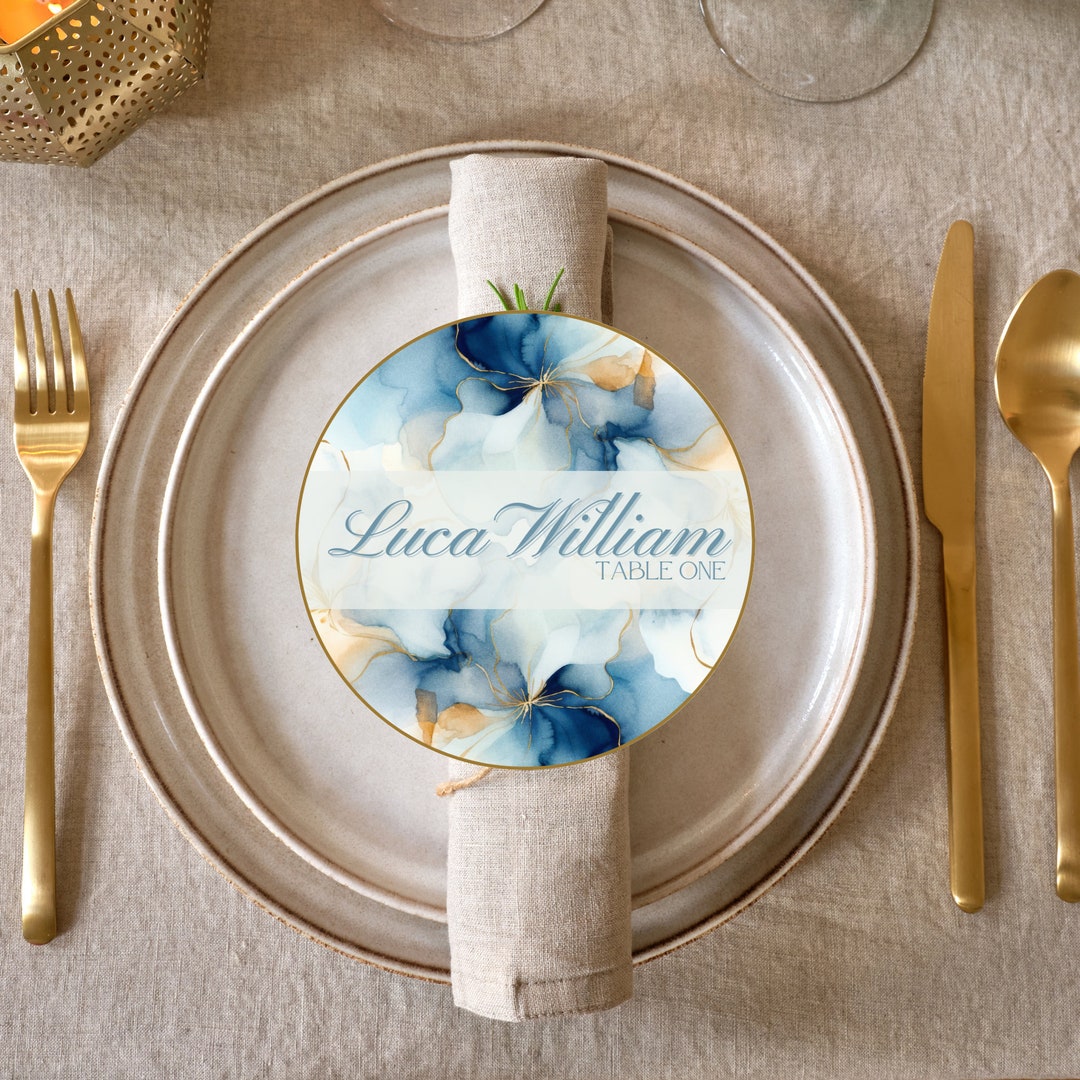 Round Place Card, Navy & Gold Name Card, Floral Wedding Place Card ...