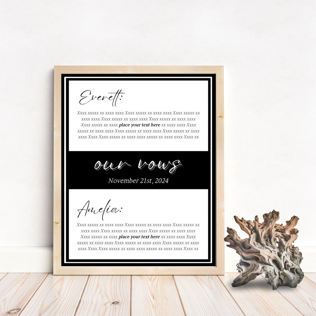 Wedding Vow Wall Art Template, Modern Black & White, His and Her Vows ...